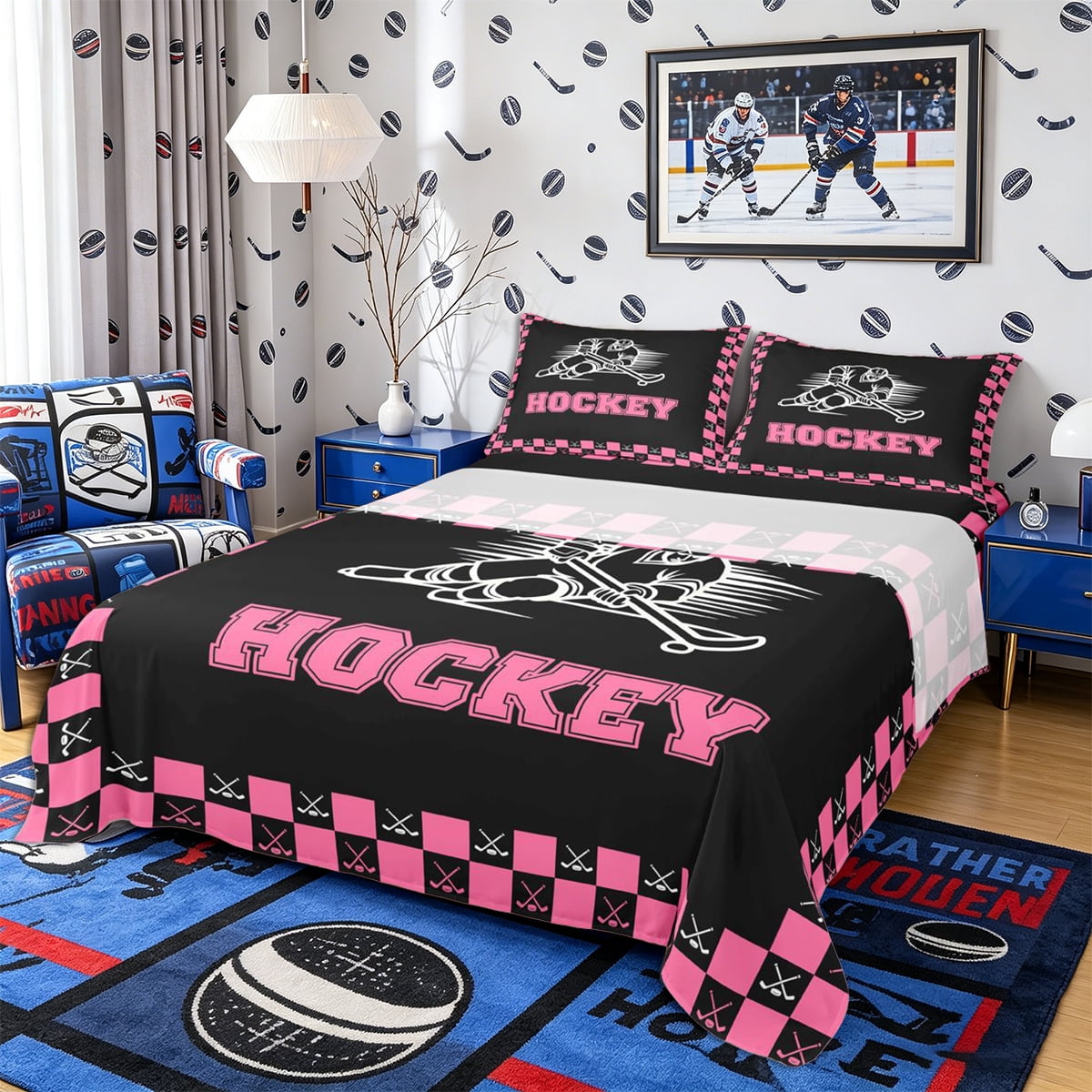 Castle Fairy Hockey Sport Bed Sheets 4-Piece, Minimalism Checkered Full ...