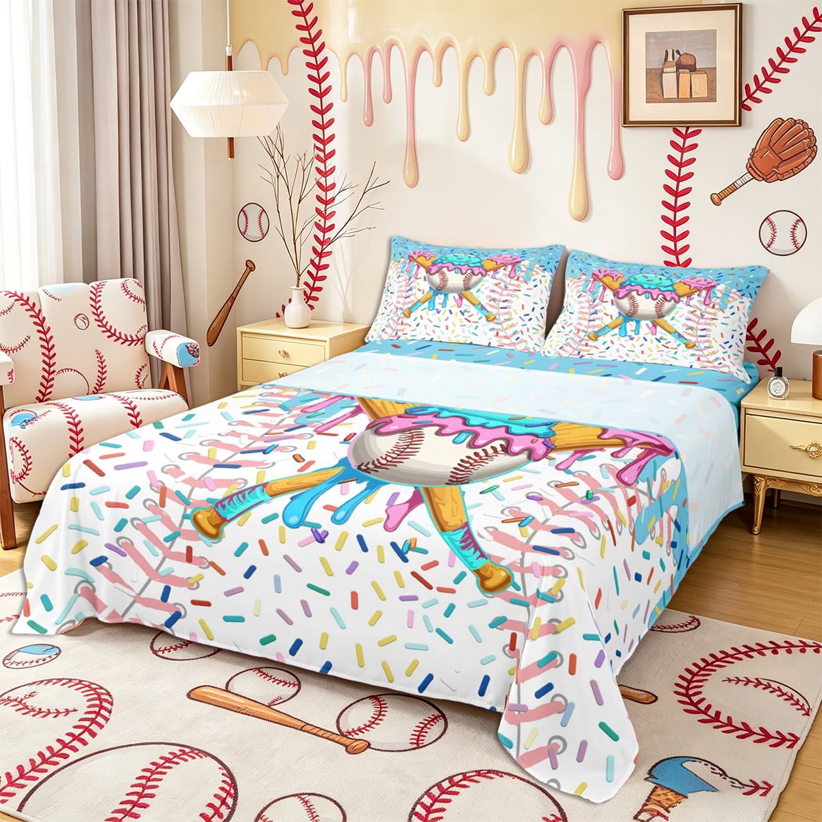 Castle Fairy Ice Cream Baseball Bed Sheets 4-Piece, Sport Theme Full ...