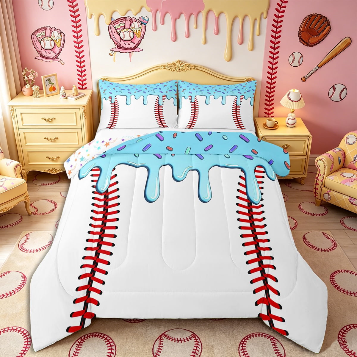 Castle Fairy Ice Cream Baseball Full Size Comforter Sets 3-Piece, Sport ...