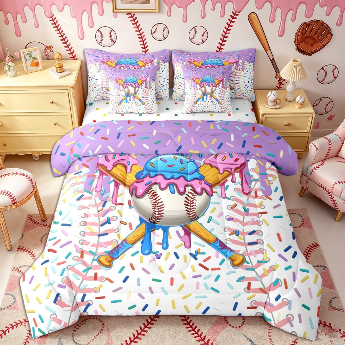 Castle Fairy Ice Cream Baseball Print King Bedding 7pcs, Sport Ball ...