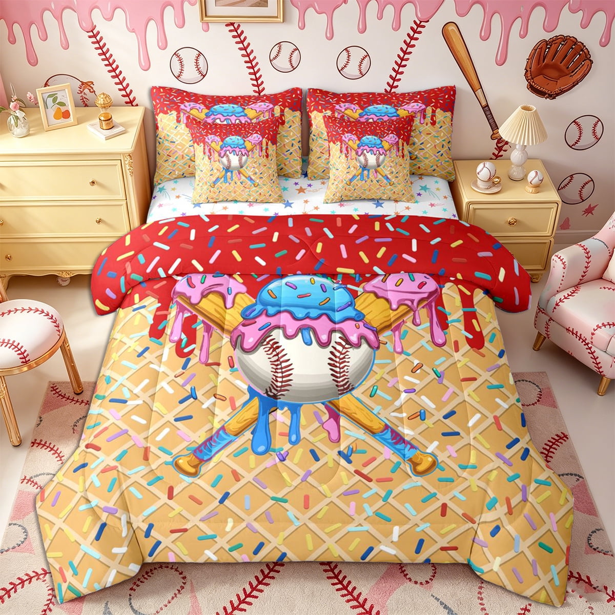 Castle Fairy Ice Cream Baseball Queen Bedding 7pcs, Ball Gamer Bedding ...