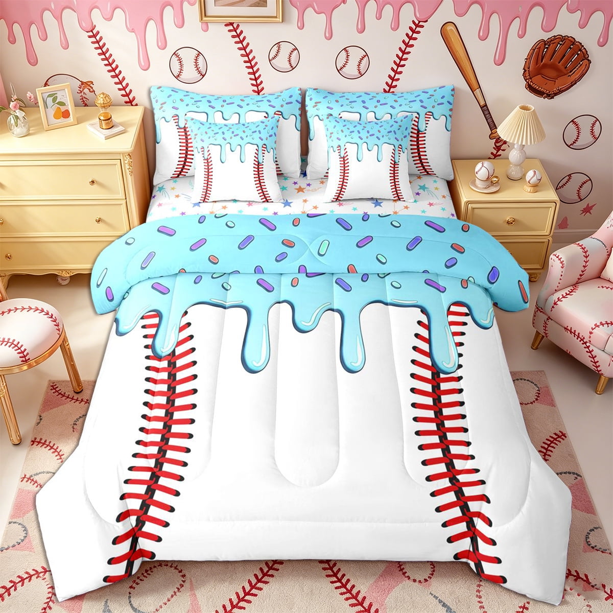 Castle Fairy Ice Cream Baseball Queen Bedding 7pcs, Sport Theme Bedding ...