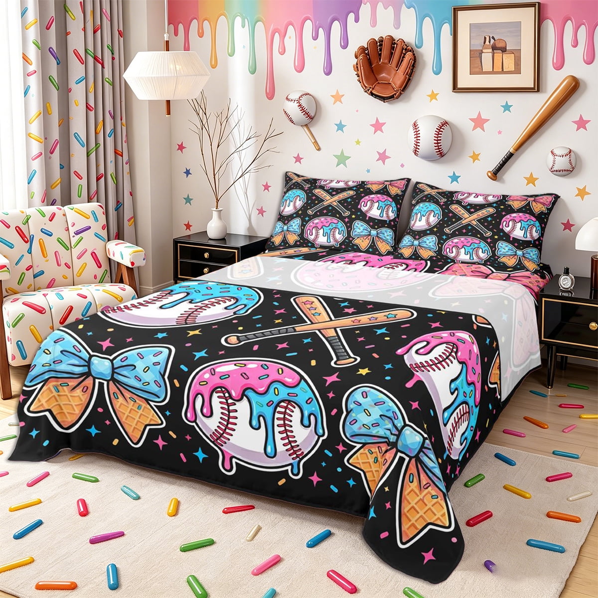 Castle Fairy Ice Cream Baseball Queen Sheets 4 Pieces, Cartoon Stars ...