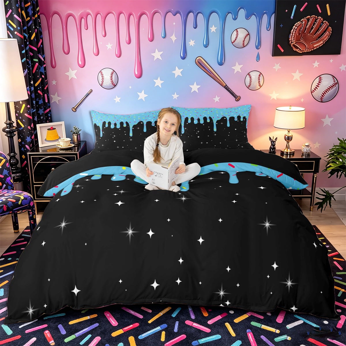 Castle Fairy Ice Cream Drip Bedding, Stars Print Duvet Cover Full,Black ...
