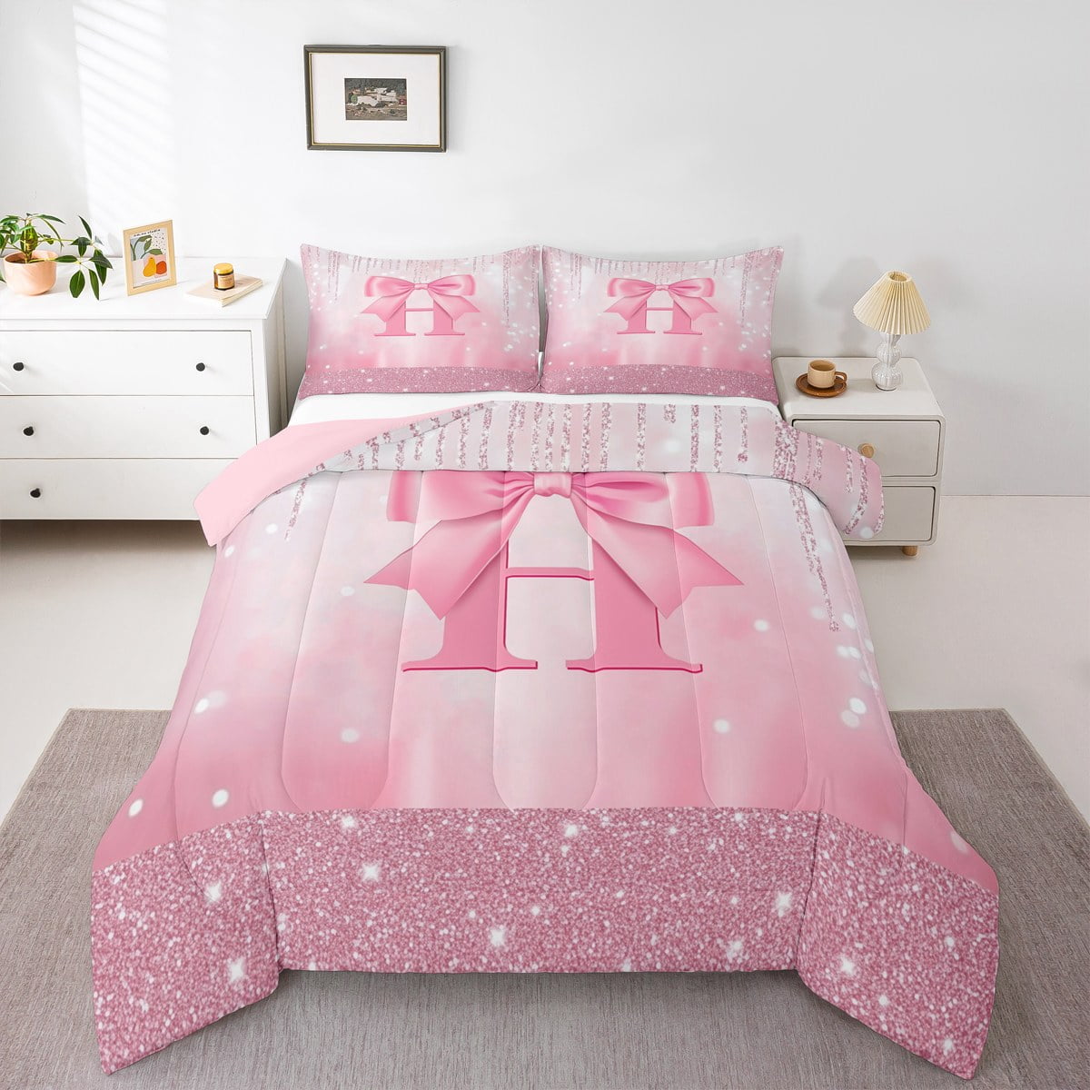 Castle Fairy Initial H Queen Bedding (3pc): Bowknot, Pink White Glitter ...