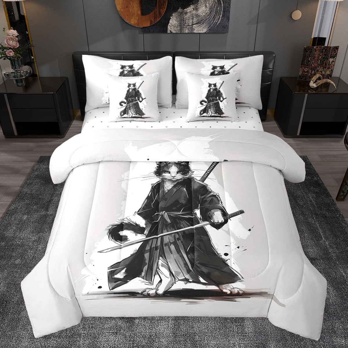 Castle Fairy Japanese Cat Samurai Bedding Comforter Set 7 Pieces for ...