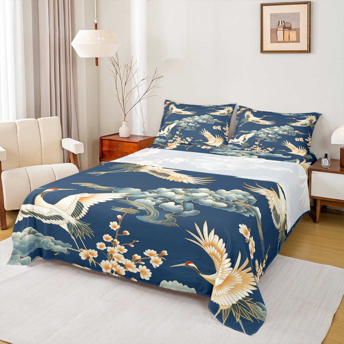 Castle Fairy Japanese Crane 4pcs Bed Sheets,Cherry Blossom King Sheets ...