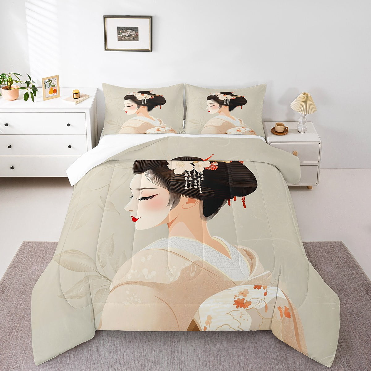 Castle Fairy Japanese Geisha 3-Piece Full Size Comforter Sets,Oriental Ukiyoe Bedding Comforter ...
