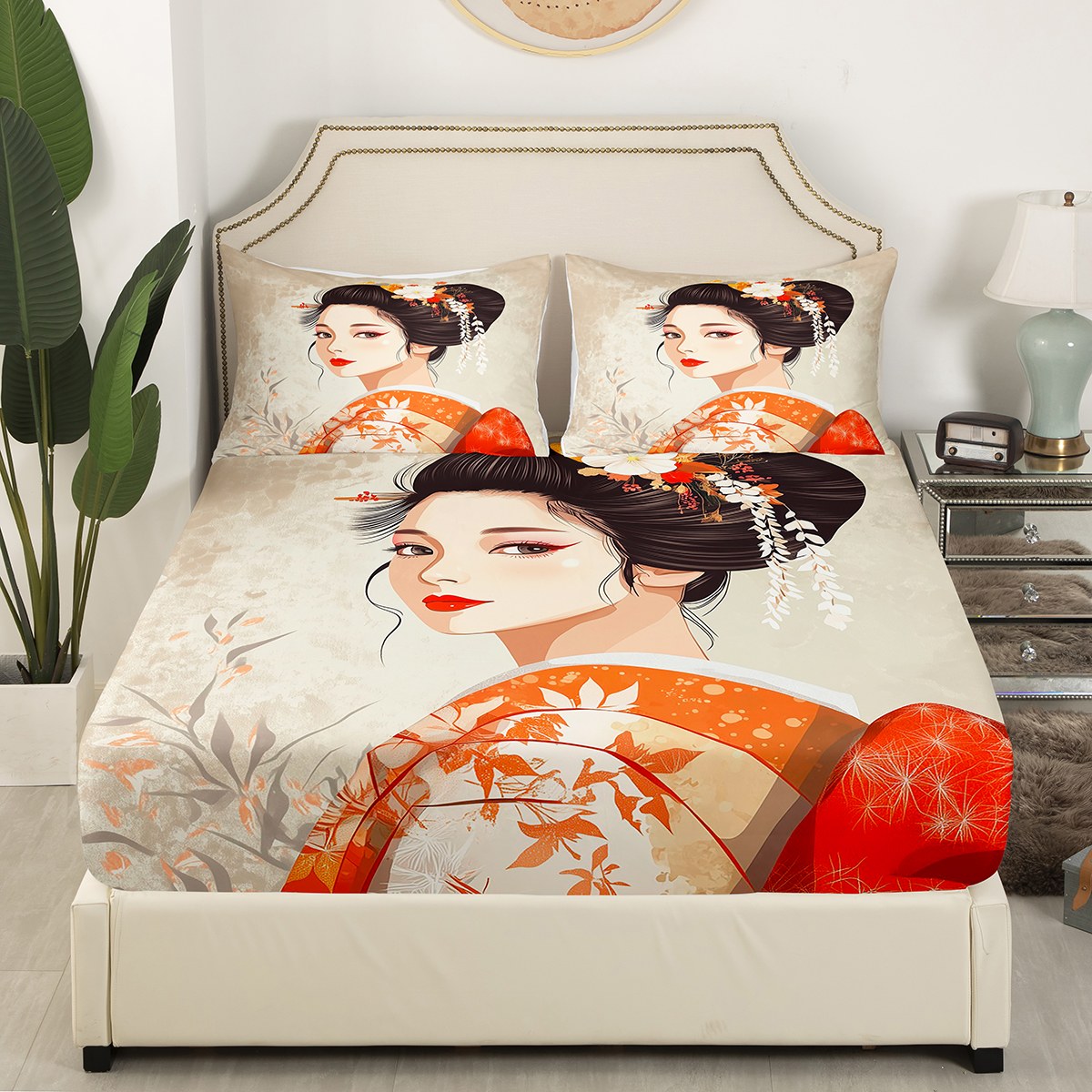 Castle Fairy Japanese Geisha 4-Piece Full Size Sheets,Chic Flower Bed ...