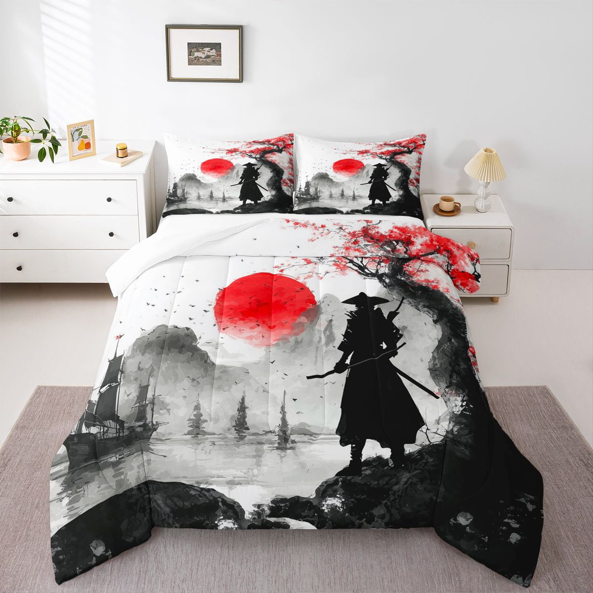 Castle Fairy Japanese Samurai Queen Comforter Set,Black Red Bedding ...