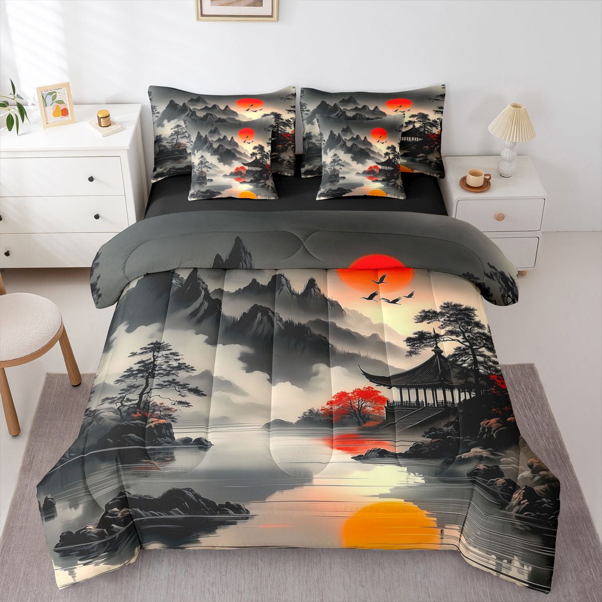 Castle Fairy Japanese Style Bedding Comforter Set,Oriental Ukiyoe Full ...