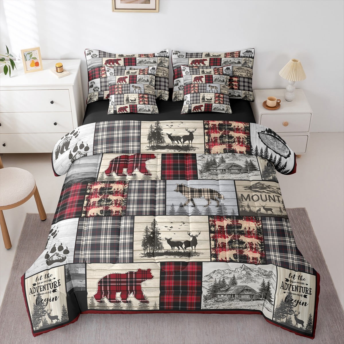 Castle Fairy Jungle Bear Deer Bedding Comforter Set,Black Red Checkered ...