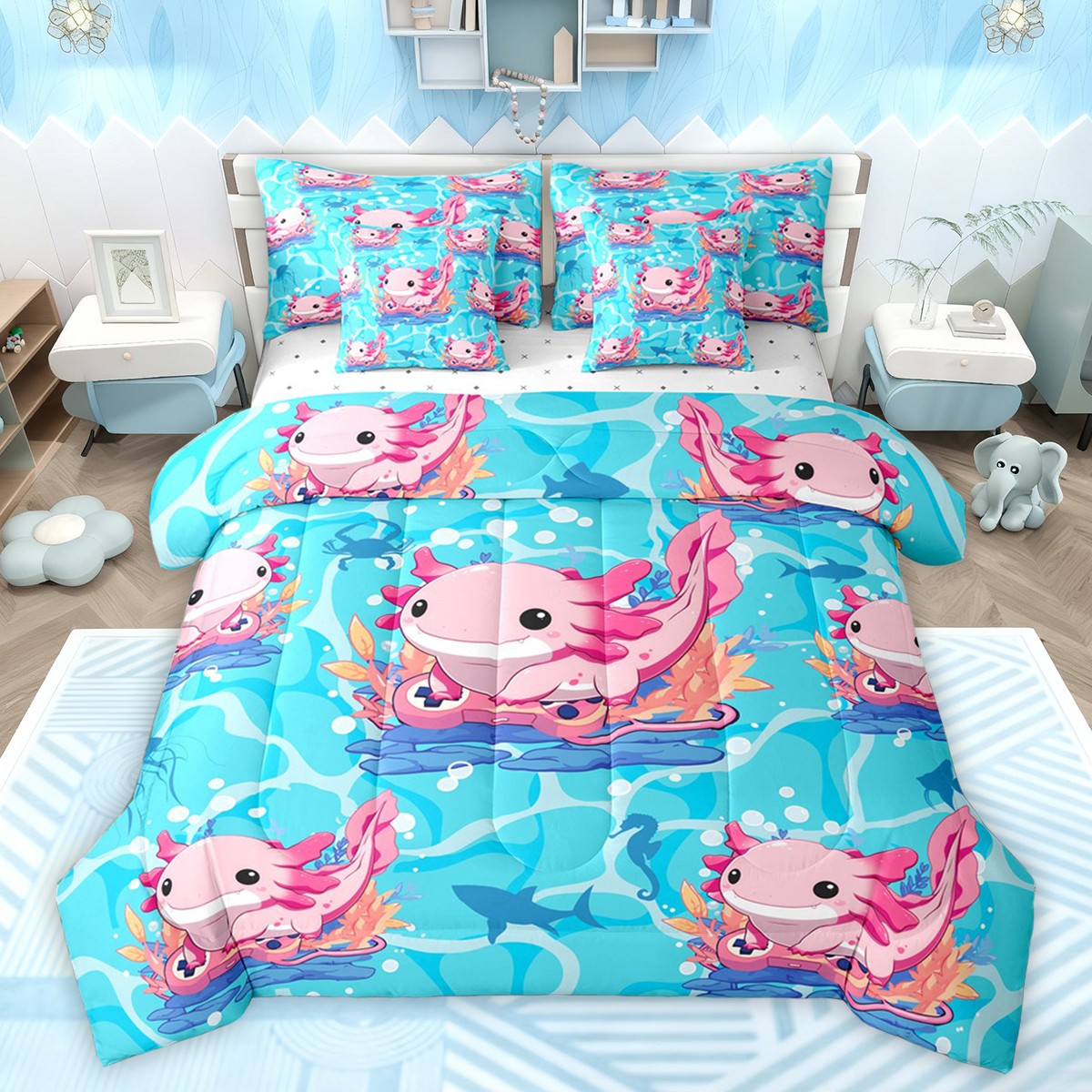 Castle Fairy Kawaii Axolotl Bedding Comforter Set 7-Piece for Boys ...