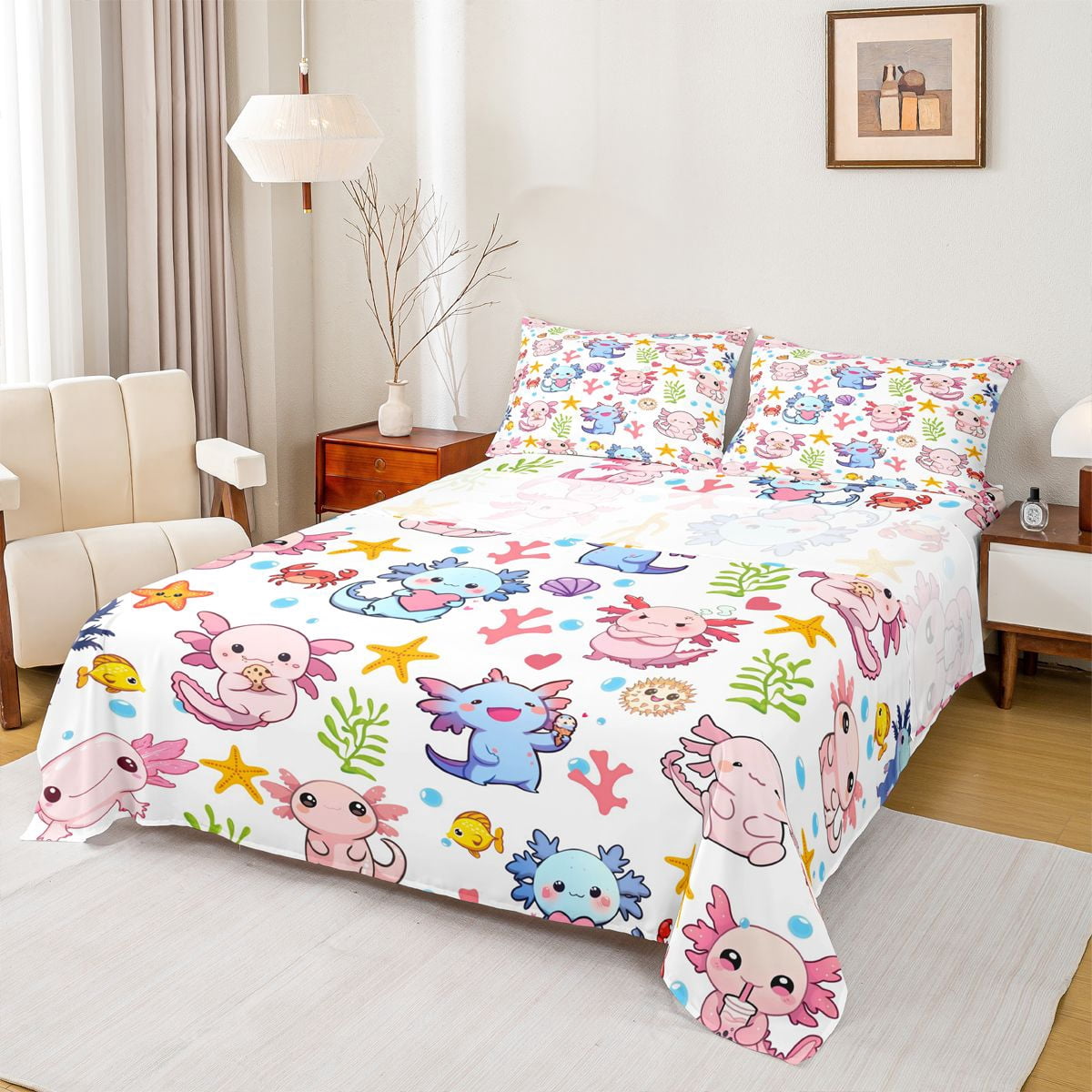 Castle Fairy Kawaii Axolotl Boy Girl 4 Pieces Queen Sheet Sets,Cartoon ...