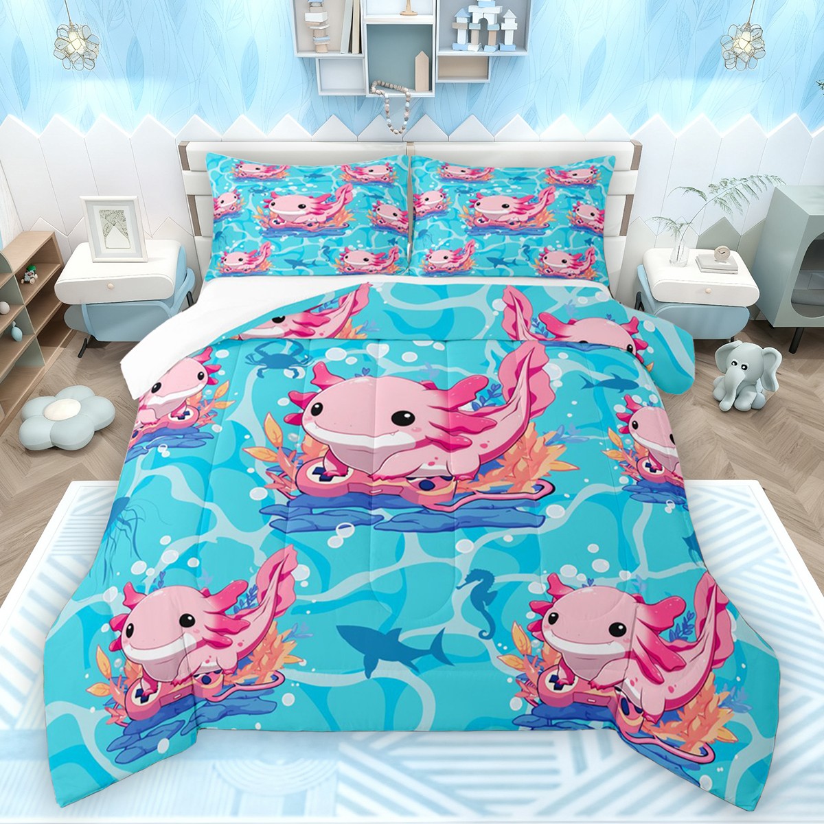 Castle Fairy Kawaii Axolotl Full Size Comforter Sets 3-Piece for Boys ...