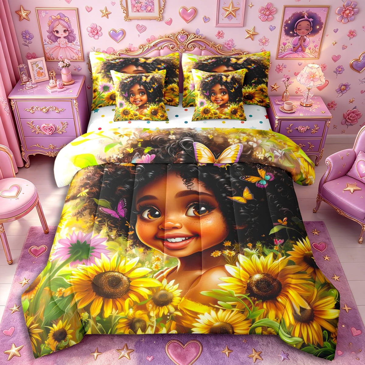 Castle Fairy Kawaii Black Girl King Bedding 7pcs,Sunflower Butterfly ...