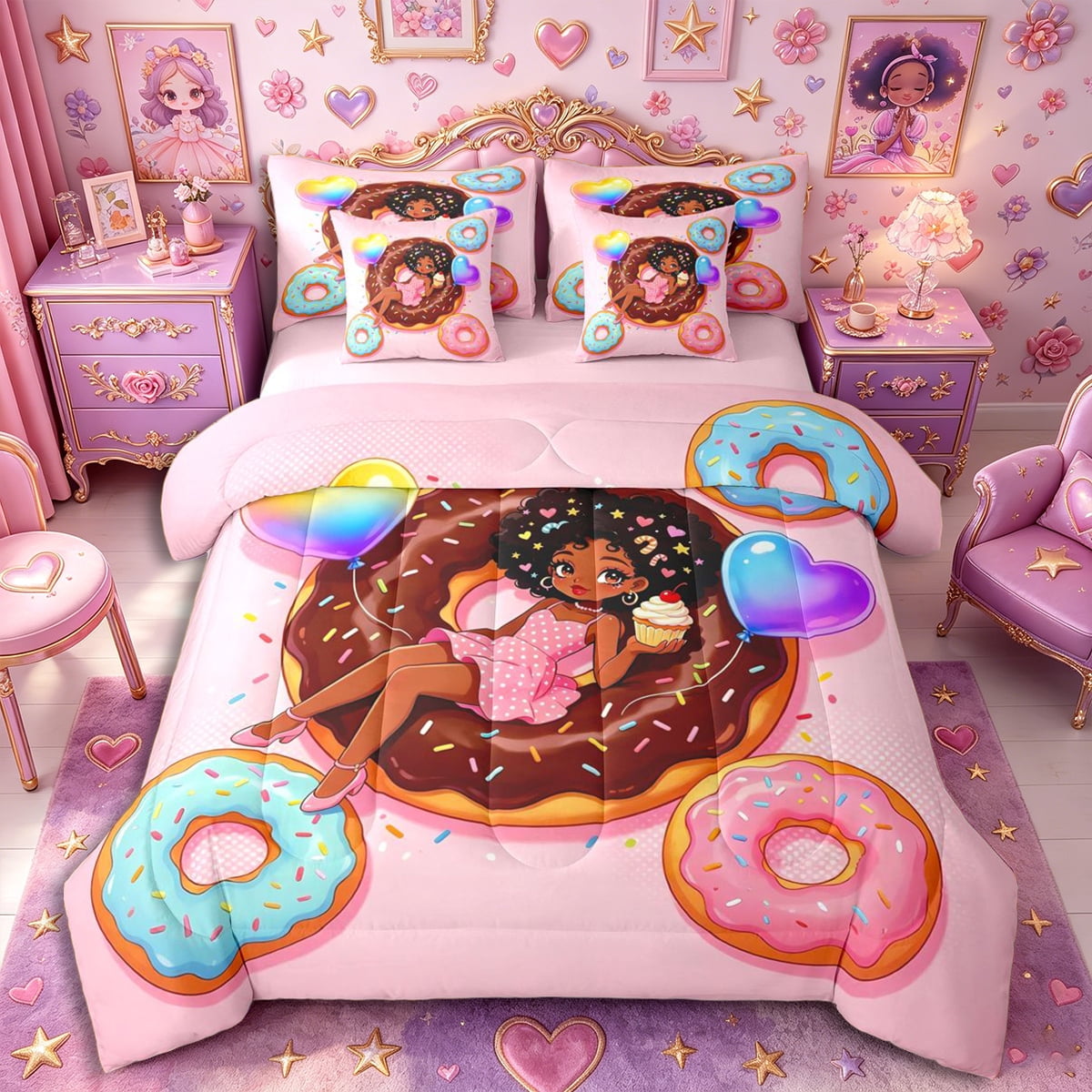 Castle Fairy Kawaii Black Girl Twin Bedding 7-Piece,Cartoon Dessert ...