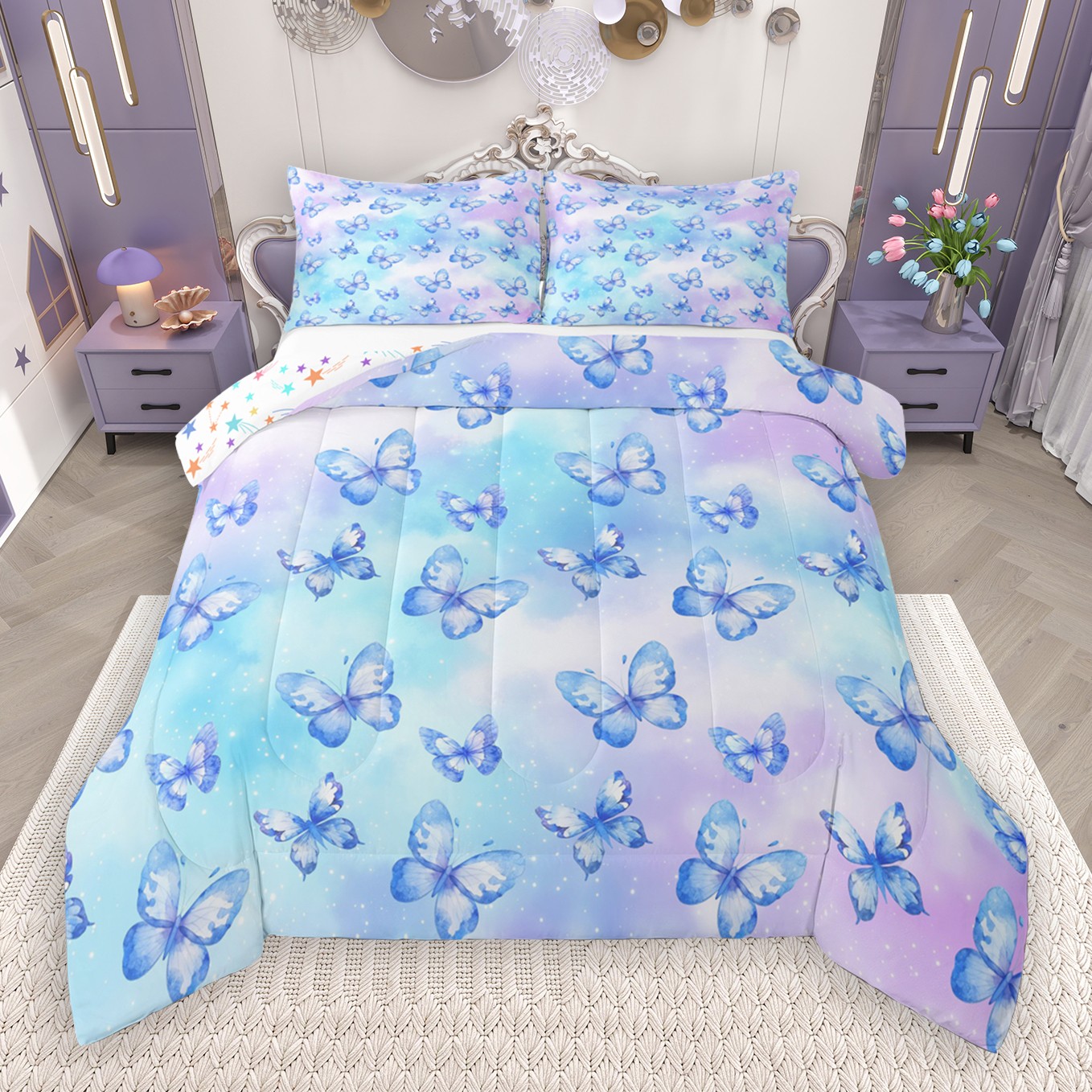 Castle Fairy Kawaii Blue Butterflies 3-Piece Full Size Comforter Sets ...