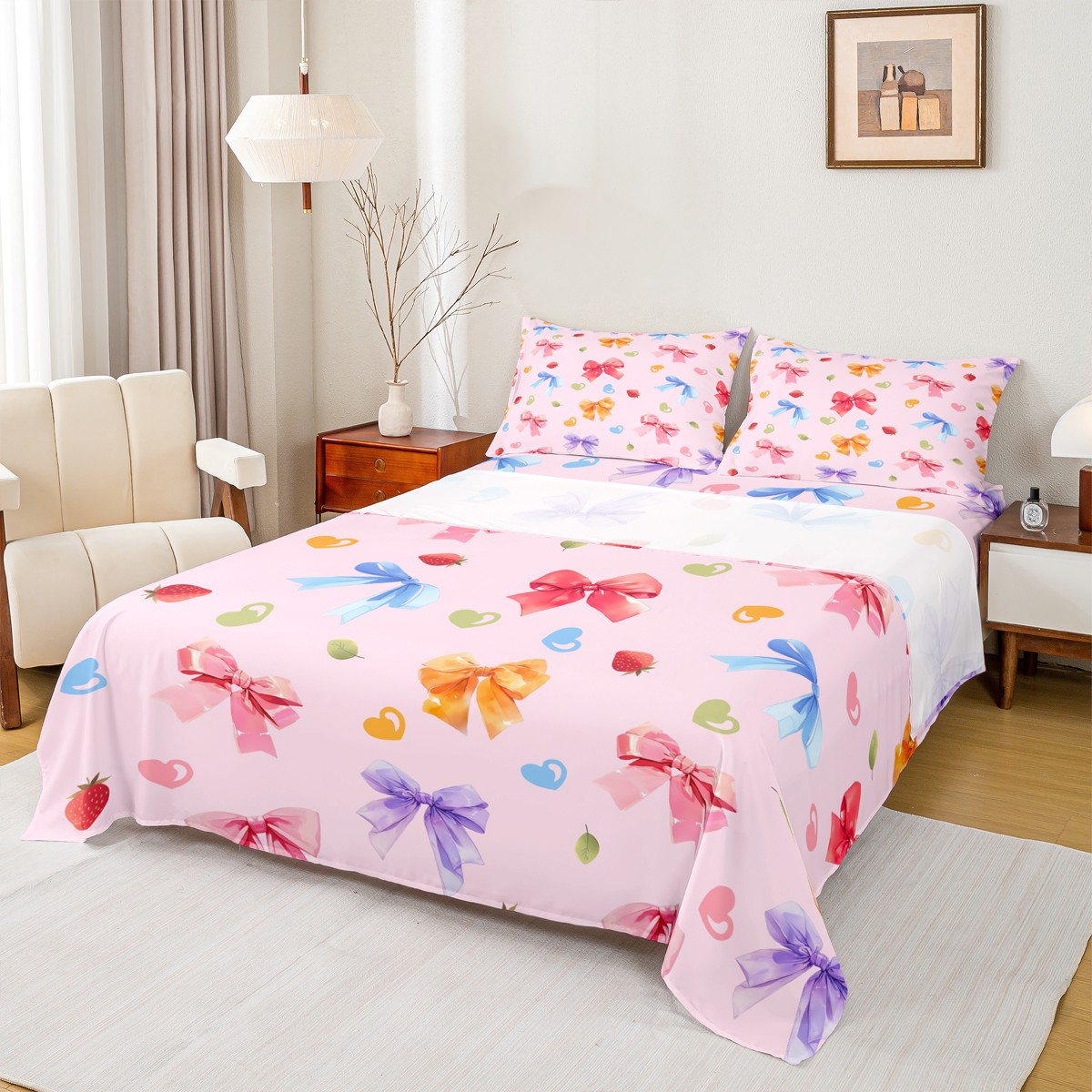 Castle Fairy Kawaii Bow 4-Piece Full Size Sheets,Love Heart Print Bed ...
