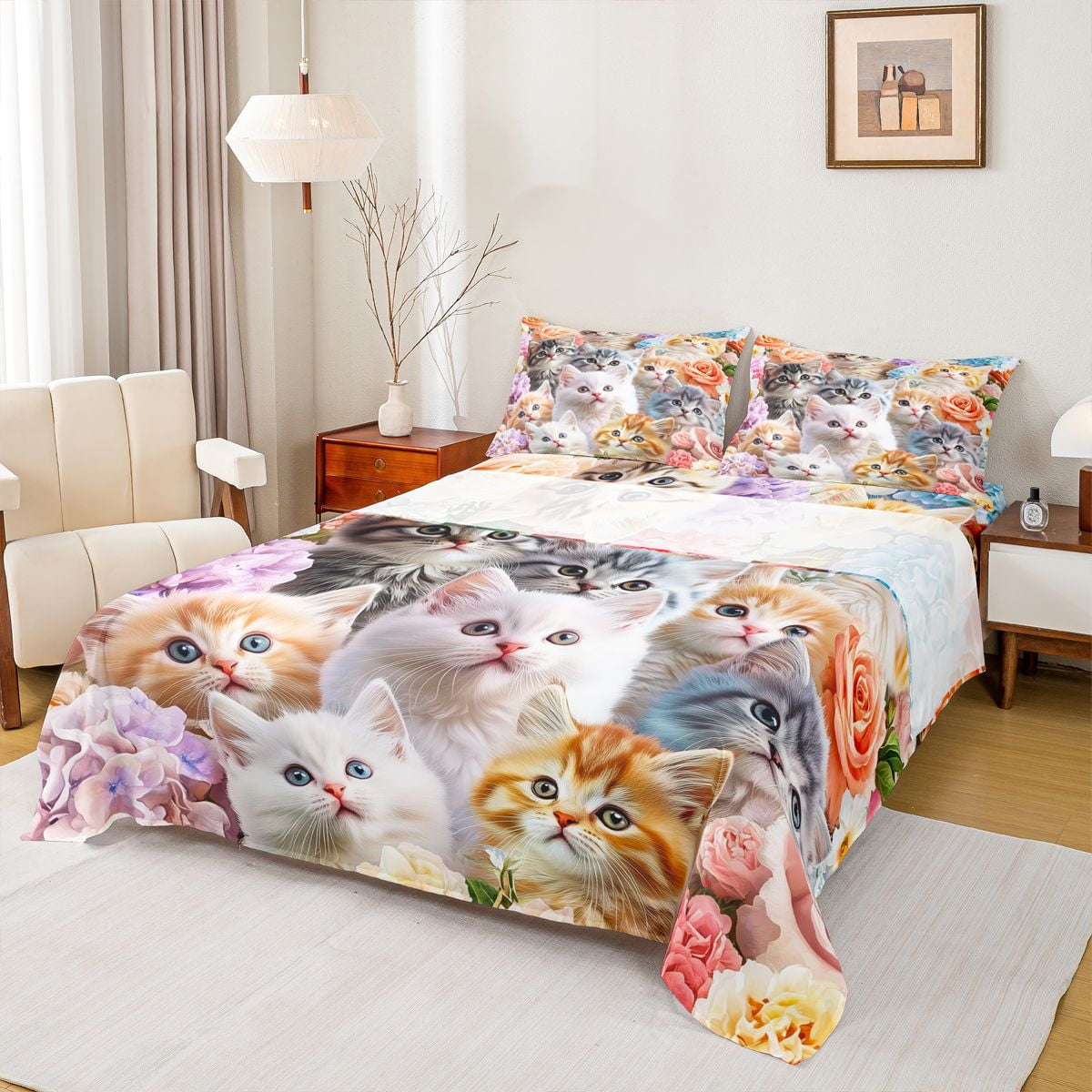 Castle Fairy Kawaii Cats Full Size Sheets for Boys Girls,Chic Floral ...