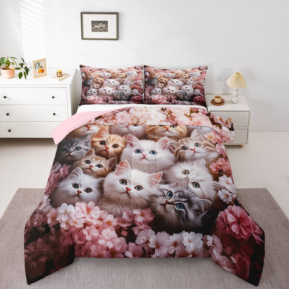 Castle Fairy Kawaii Cats Queen Comforter Set,Chic Floral Flowers ...