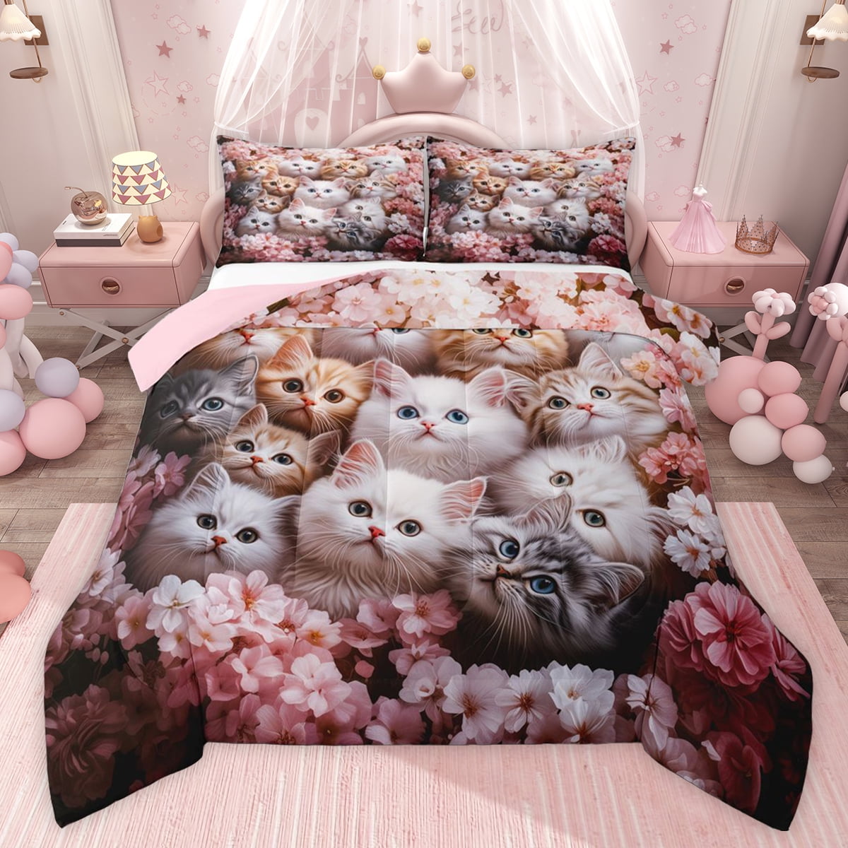 Castle Fairy Kawaii Cats Twin Comforter Sets,Chic Floral Flowers ...