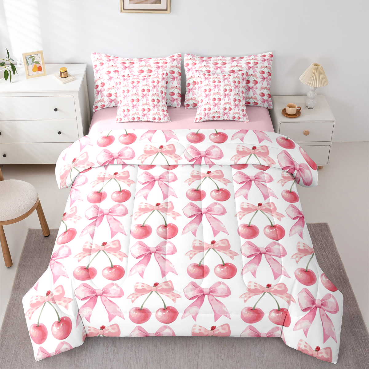 Castle Fairy Kawaii Cherry Bow 7Pcs Bedding Comforter Set for Kids ...