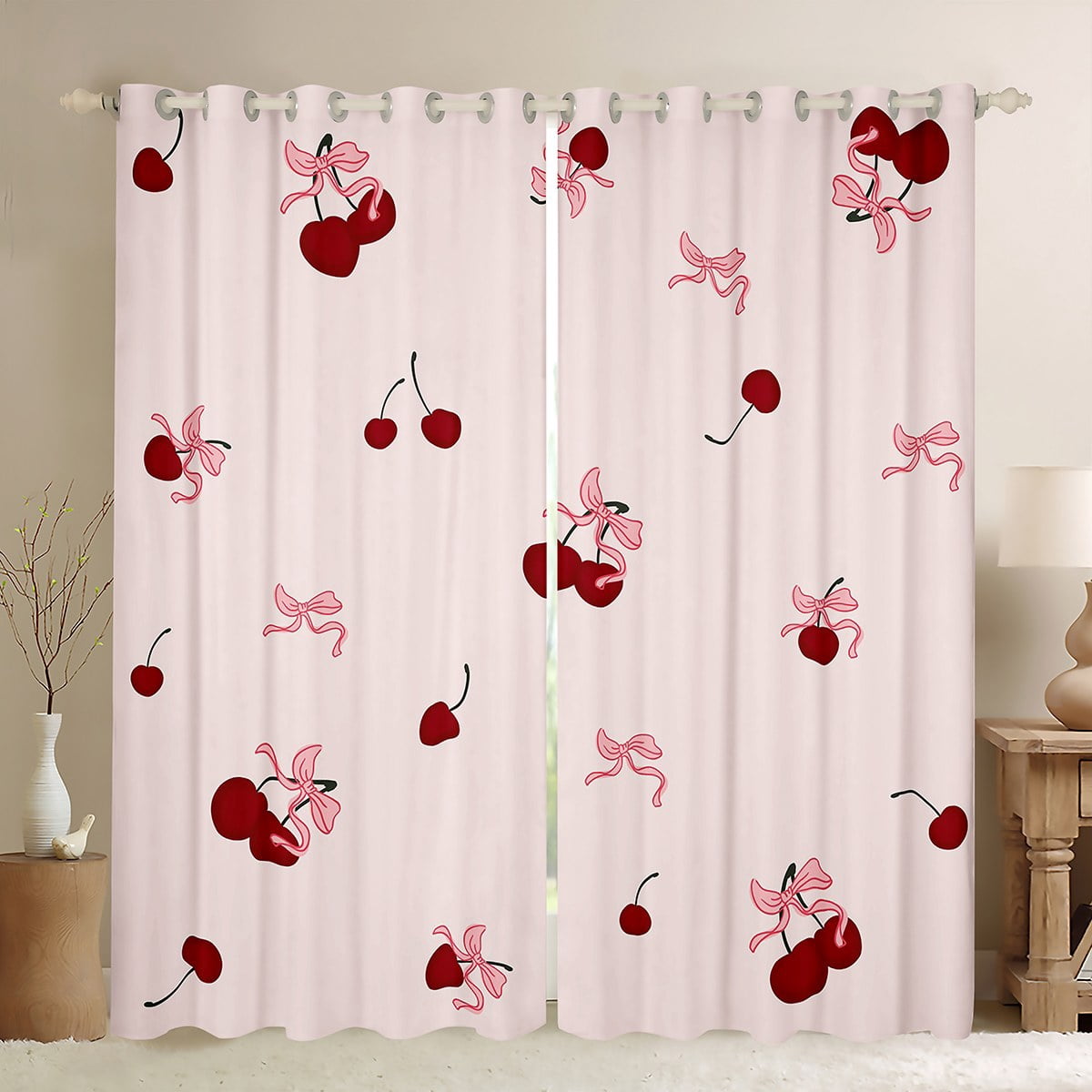 Castle Fairy Kawaii Cherry Bow Blackout Curtains Set of 2 (52x84 Each ...