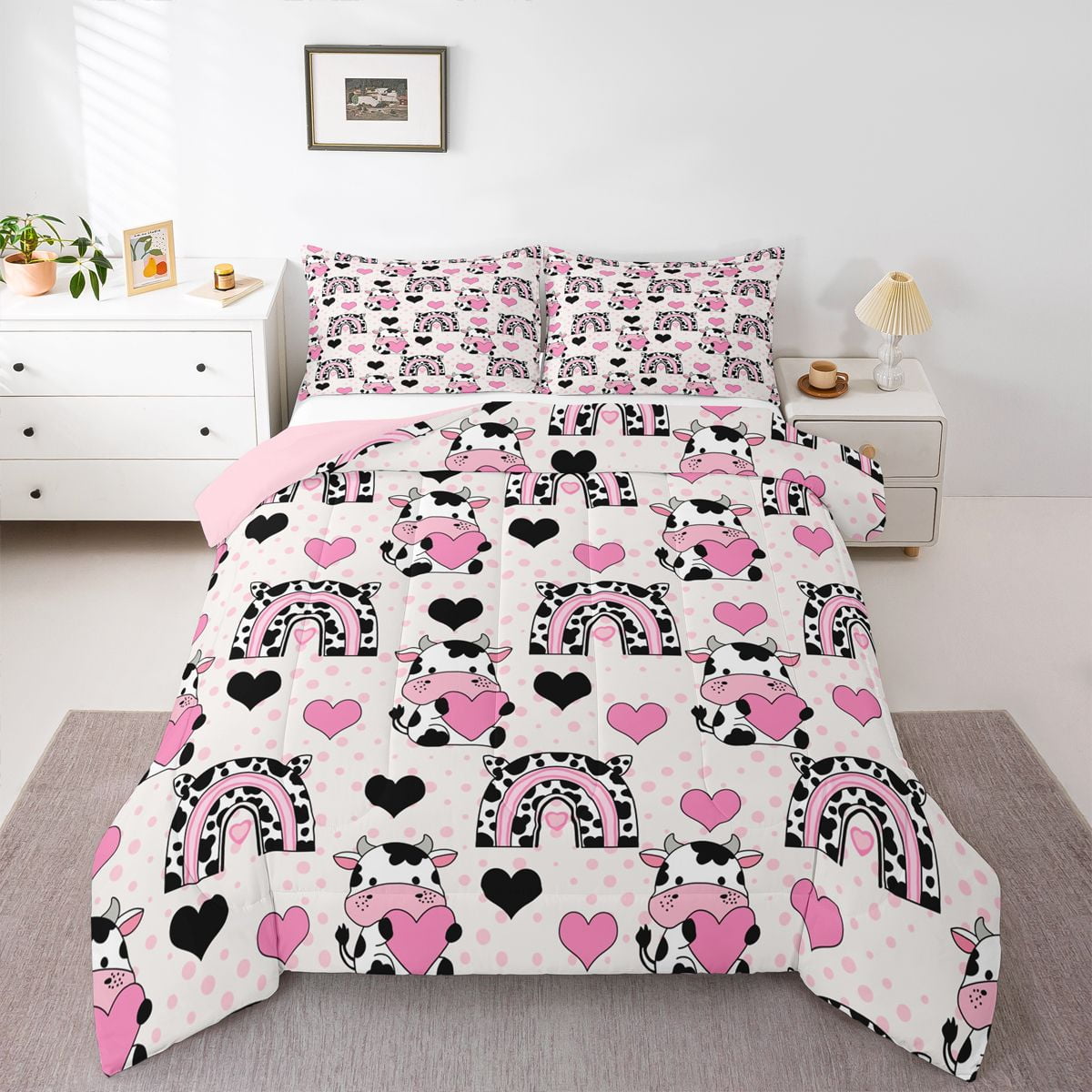 Castle Fairy Kawaii Farmhouse Cow Full Size Comforter Sets,Cute Rainbow ...