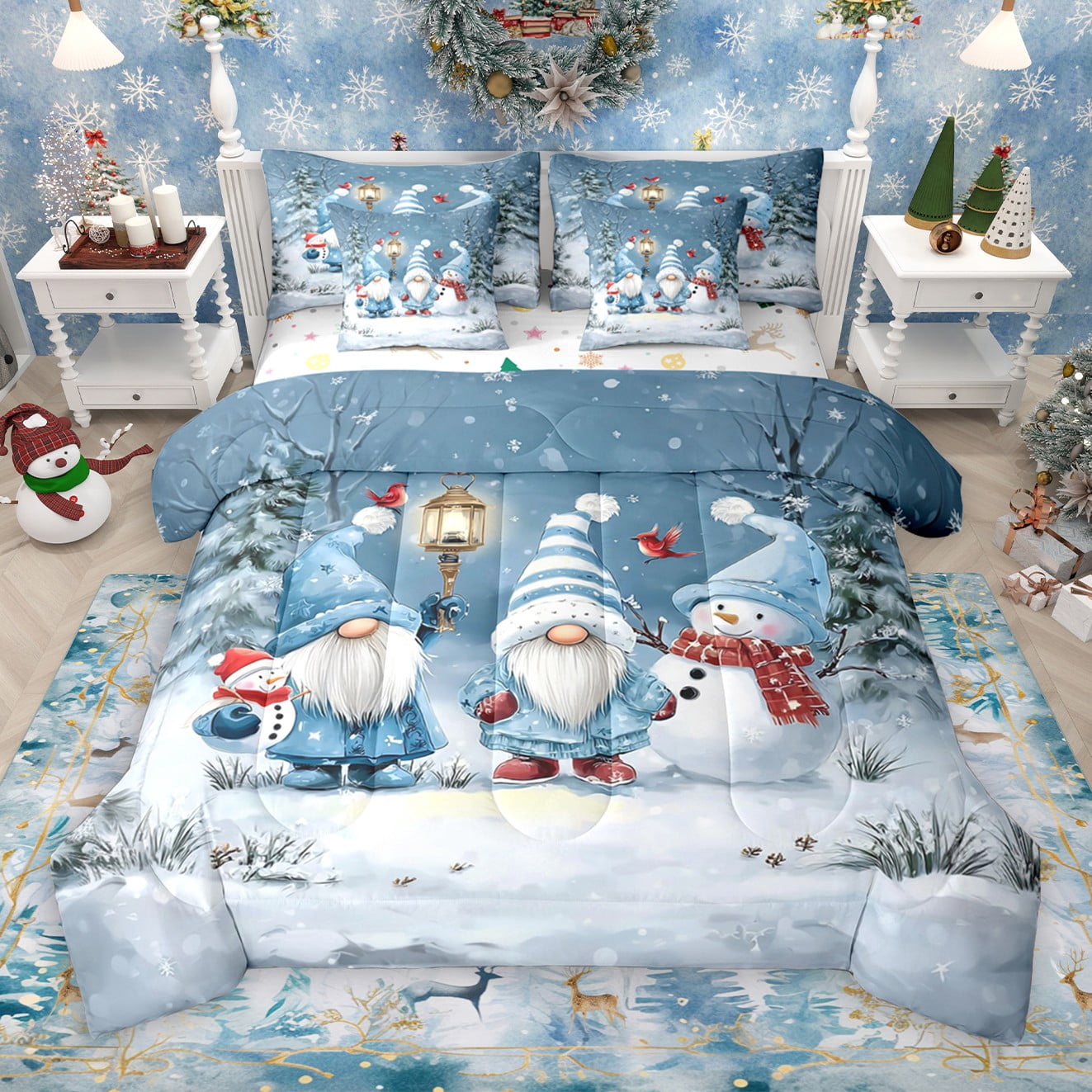 Castle Fairy Kawaii Gnome Snowman 7Pcs Bedding Comforter Set for Preppy ...