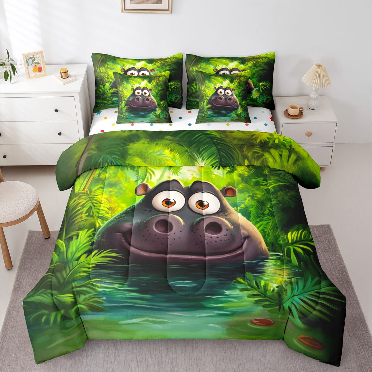 Castle Fairy Kawaii Hippopotamus Bedding Comforter Set,Tropical Leaves ...