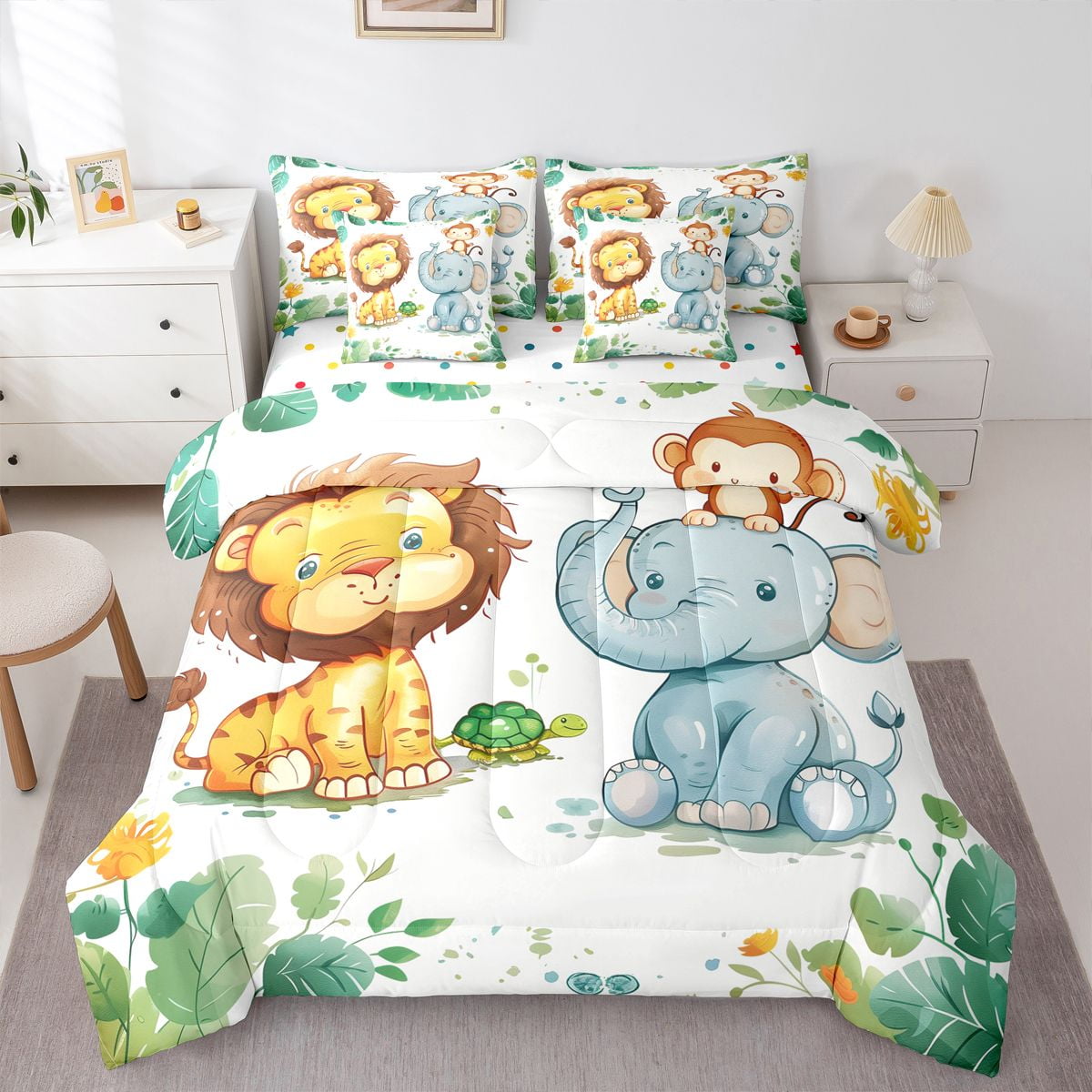 Castle Fairy Kawaii Lion Elephant Monkey Bedding Comforter Set,Wildlife ...