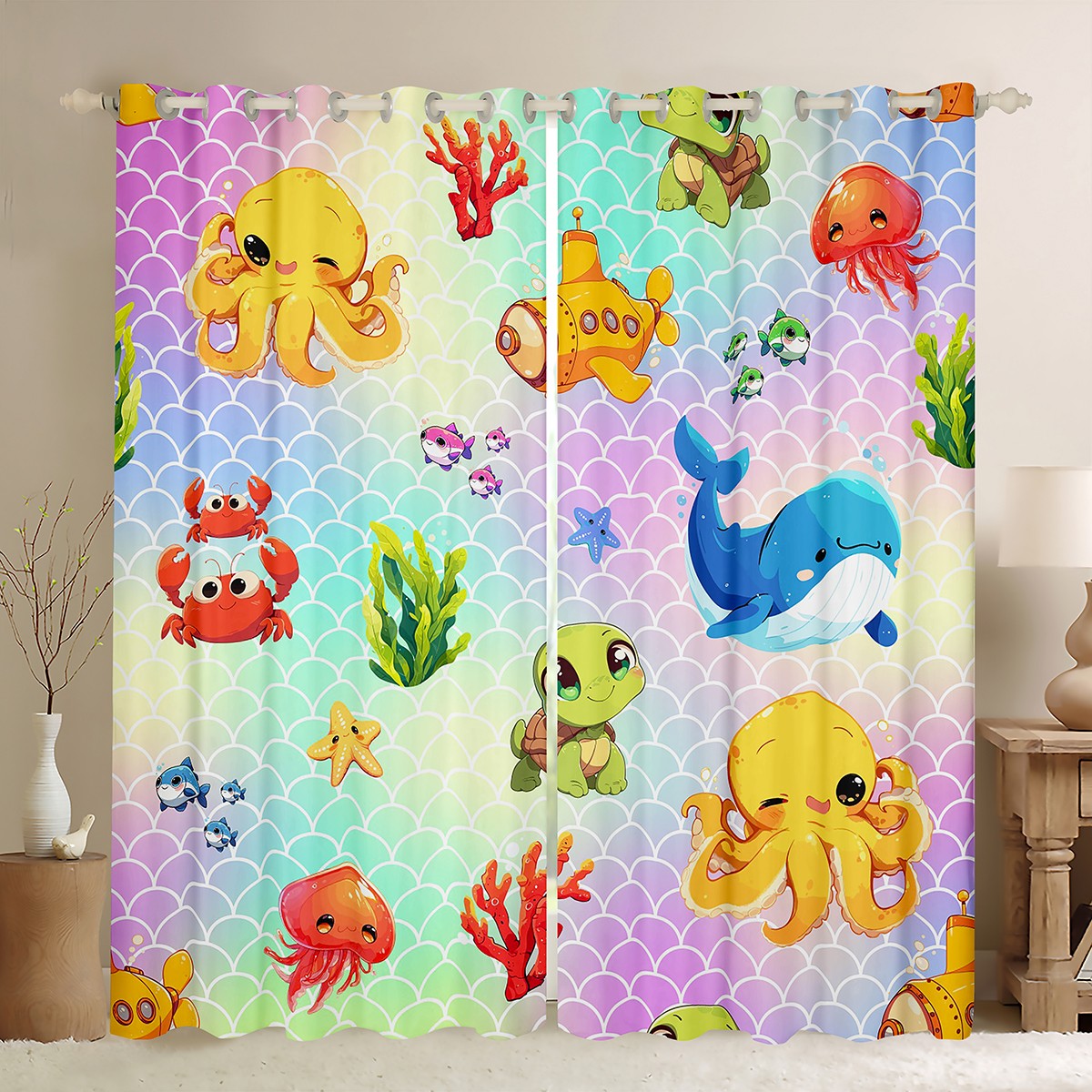 Castle Fairy Kawaii Octopus Turtle Whale Jellyfish Blackout Curtains ...
