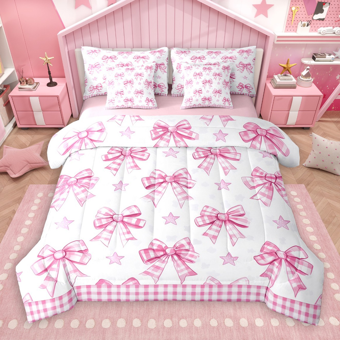 Castle Fairy Kawaii Pink Bow 7Pcs Bedding Comforter Set for Girls Kids ...