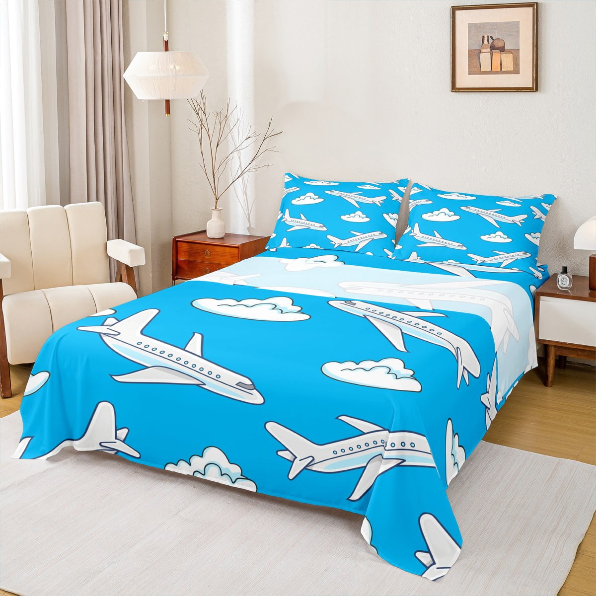 Castle Fairy Kawaii Plane 4-Piece Full Size Sheets,Blue White Bed ...