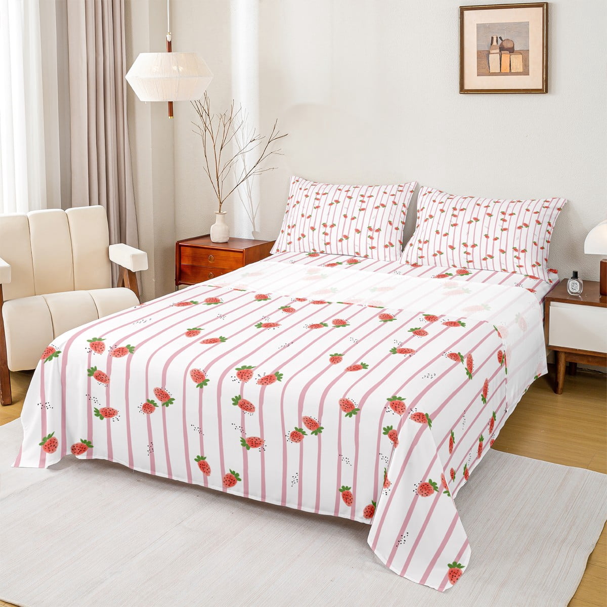 Castle Fairy Kawaii Red Strawberry 4 Pieces Queen Sheet Sets for Teens ...