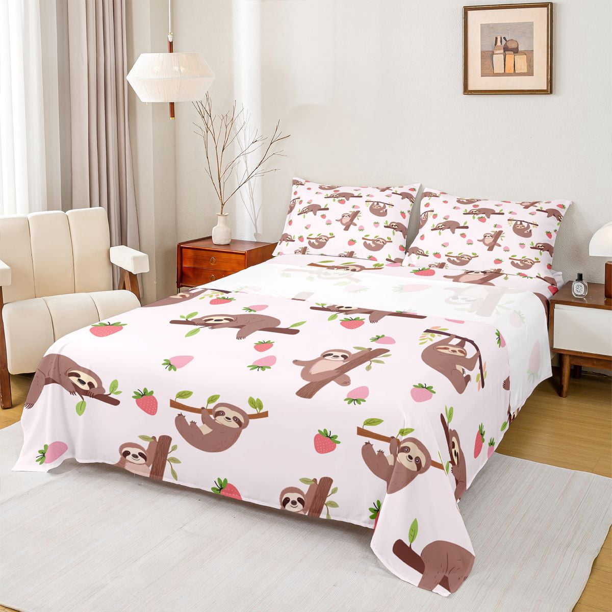 Castle Fairy Kawaii Sloth 4pcs Bed Sheets for Boys Girls,Cute Fruit ...
