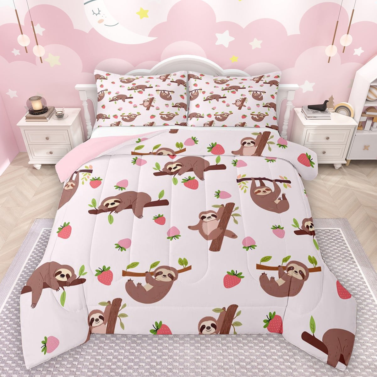 Castle Fairy Kids Kawaii Sloth 3-Piece Full Comforter Set, Cute Fruit ...