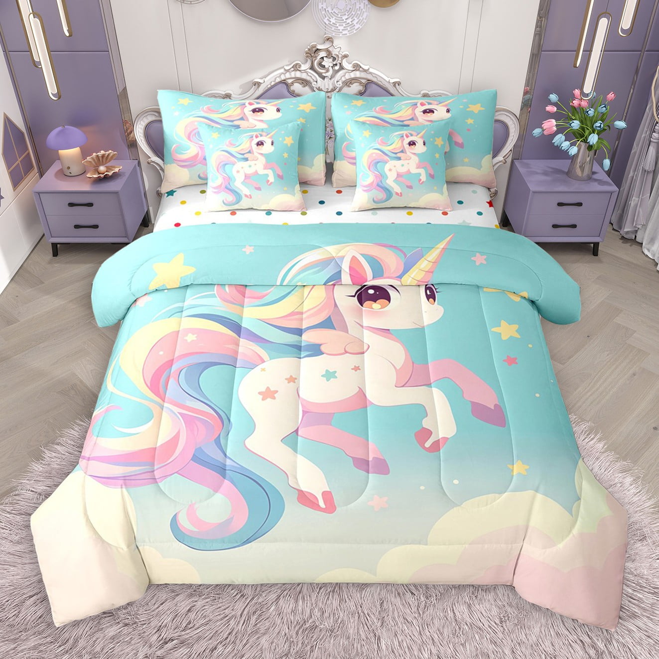 Castle Fairy Kawaii Stars Unicorn 7Pcs Bedding Comforter Set for Girls ...