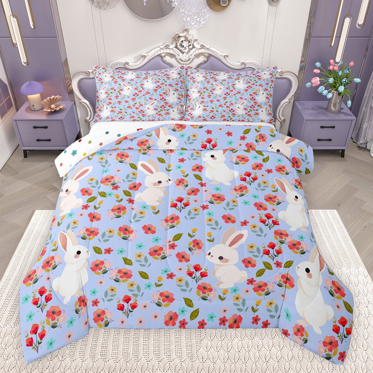 Castle Fairy Kawaii White Rabbits Full Size Comforter Sets 3-Piece for ...