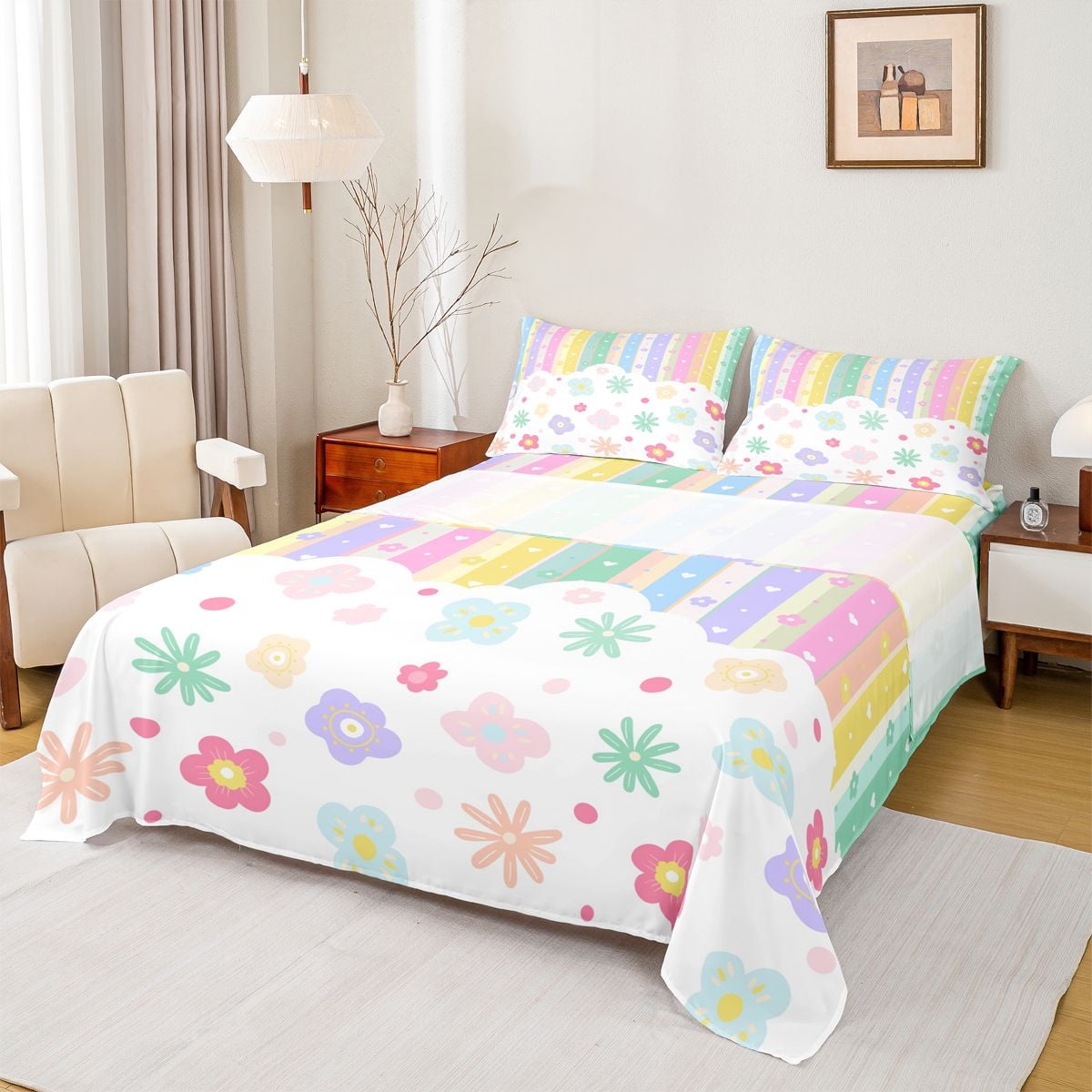 Castle Fairy Kids Children Colorful Groovy Flowers 4pcs Bed Sheets ...