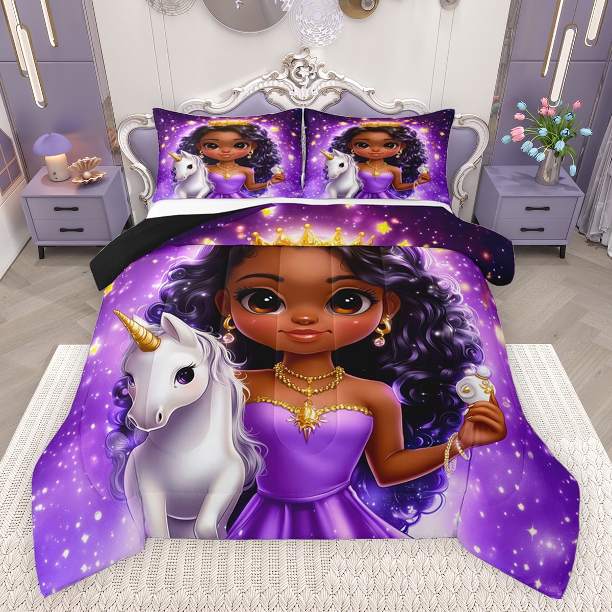 Castle Fairy Kids Girls Black Girl Princess 3 Pieces Queen Comforter ...