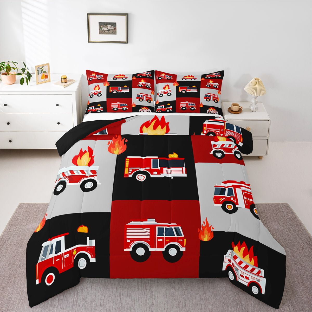 Castle Fairy Kids Kawaii Fire Truck Full Size Comforter Sets,Geometric ...