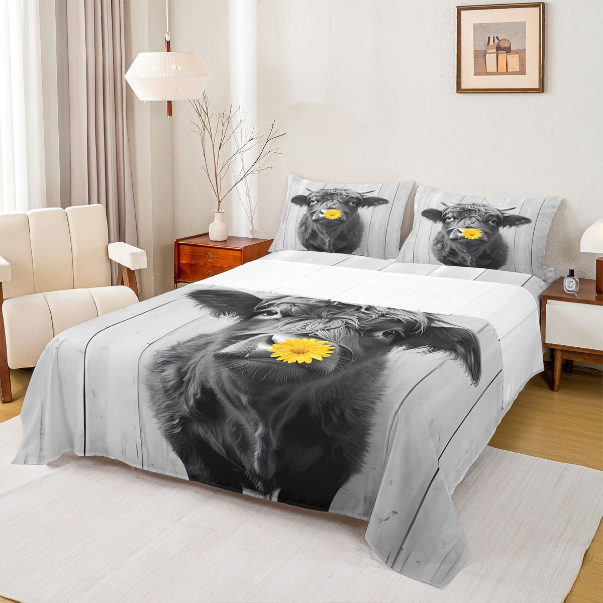 Castle Fairy Kids Teenagers Highland Bull Bed Sheets,Yellow Daisy ...