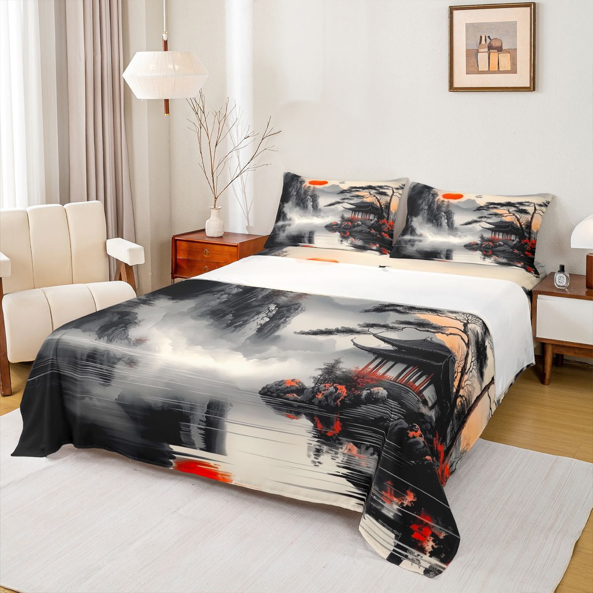 Castle Fairy Kids Teens Adults Oriental Ukiyoe Bed Sheets,Black Red ...