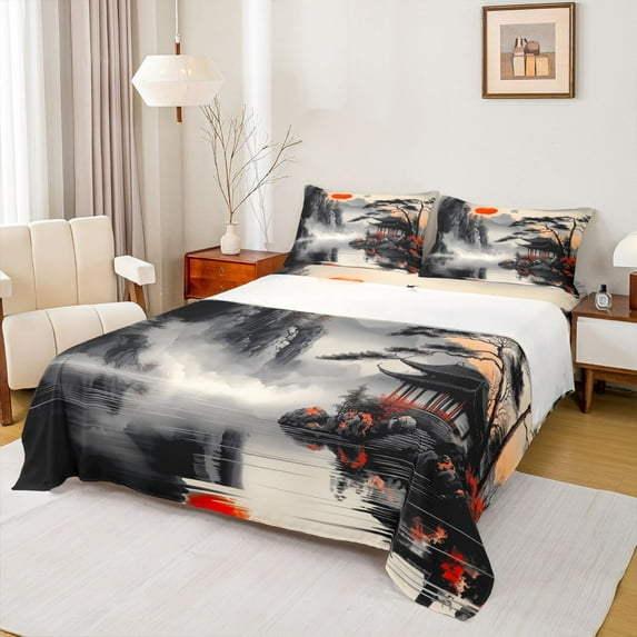 Castle Fairy Kids Teens Adults Oriental Ukiyoe Bed Sheets,Black Red ...