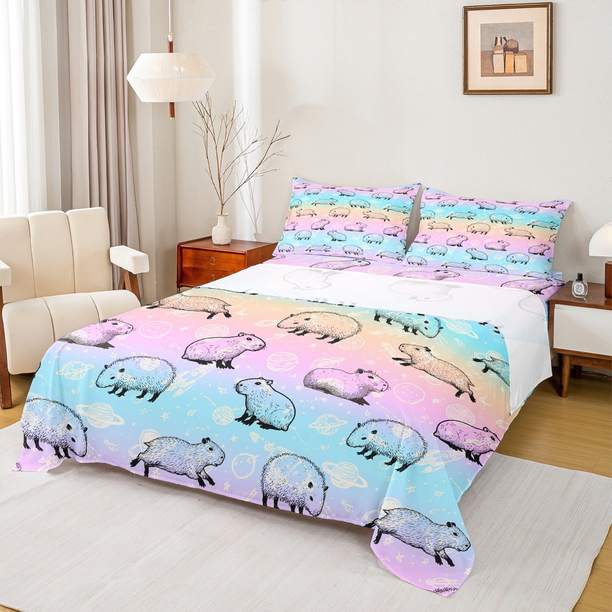 Castle Fairy Kids Teens Kawaii Capybara Full Size Sheets,Cartoon Animal ...
