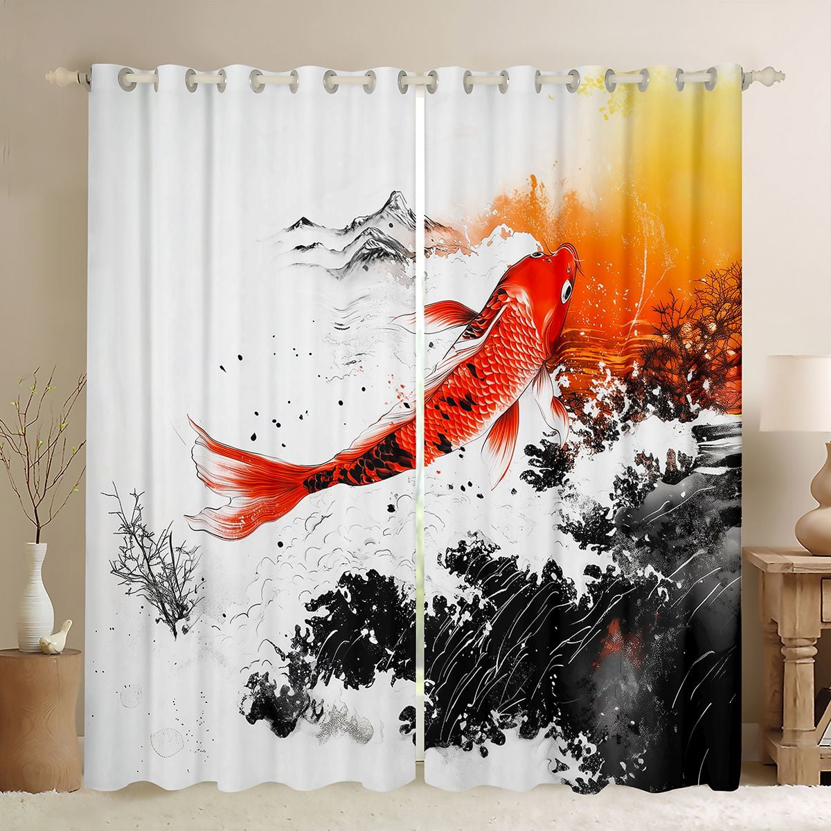 Castle Fairy Koi Fish Curtains Pack of 2 (42x84 Each),Japanese Style ...