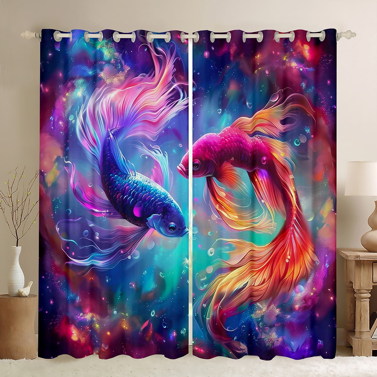Castle Fairy Koi Fish Curtains Pack of 2 (42x84 Each),Watercolor Animal ...