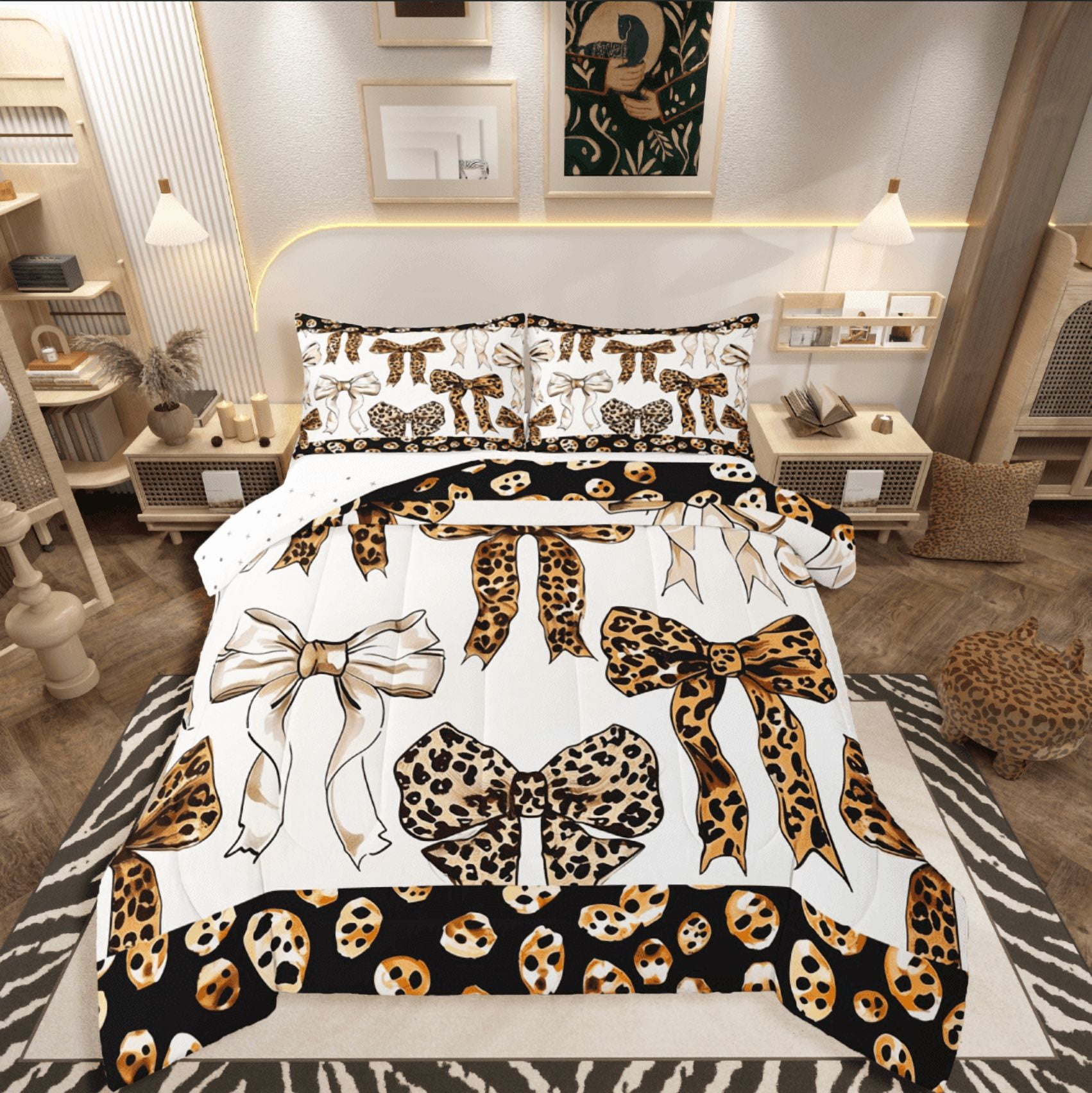 Castle Fairy Leopard Print 3 Pieces Queen Comforter Set,Cute Bow Ultra ...